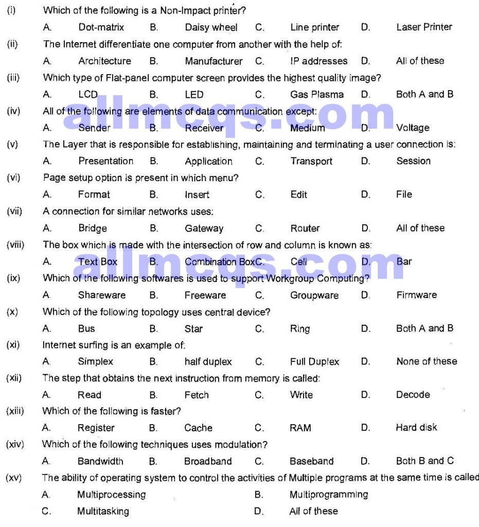 Computer Science First Year ICS Part 2 MCQs Papers Computer Science First Year ICS Part 2 MCQs Papers
