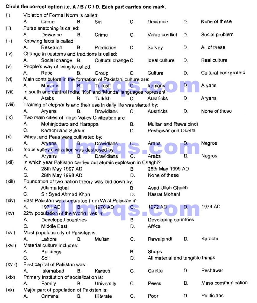 2nd Year Inter Part-2 FA Sociology MCQs Past Papers Notes