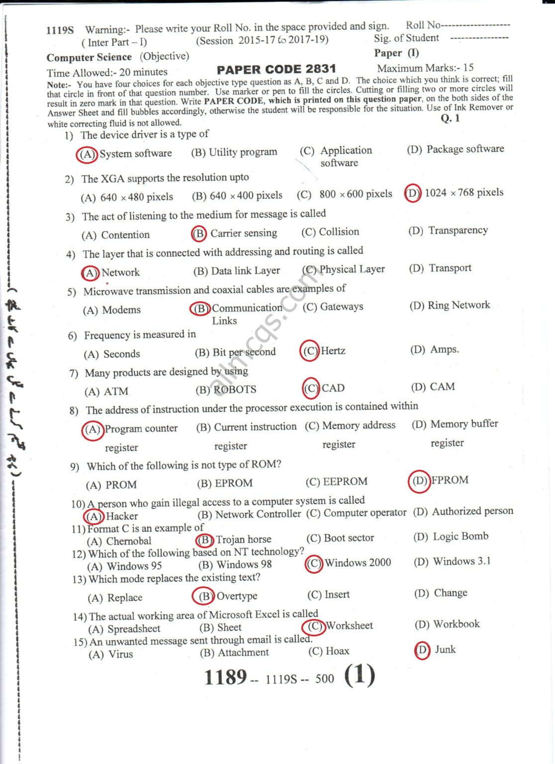 Solved MCQS of Computer Science FSc Inter Part-1