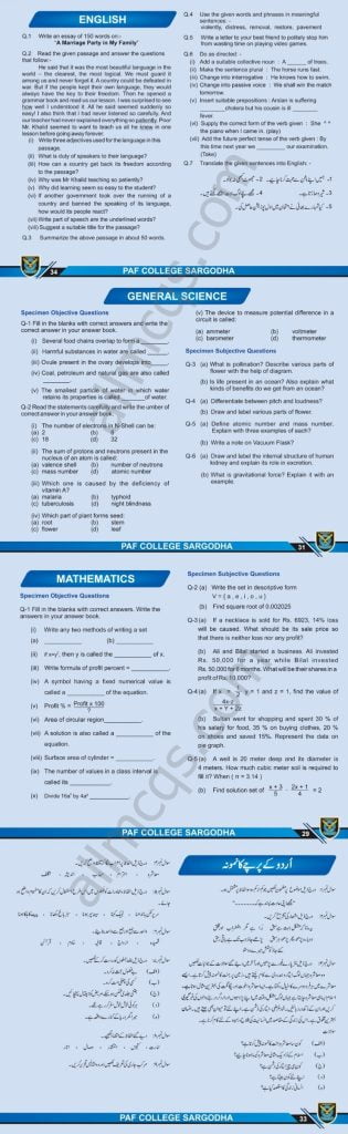 PAF College Sargodha English Urdu Math Science Entry Test Past Papers pdf