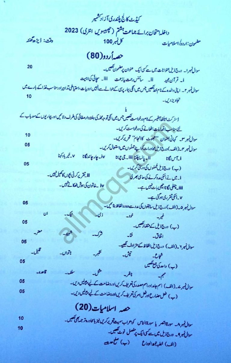 Cadet College Palandri 8th Class Entry Test Past Papers pdf
