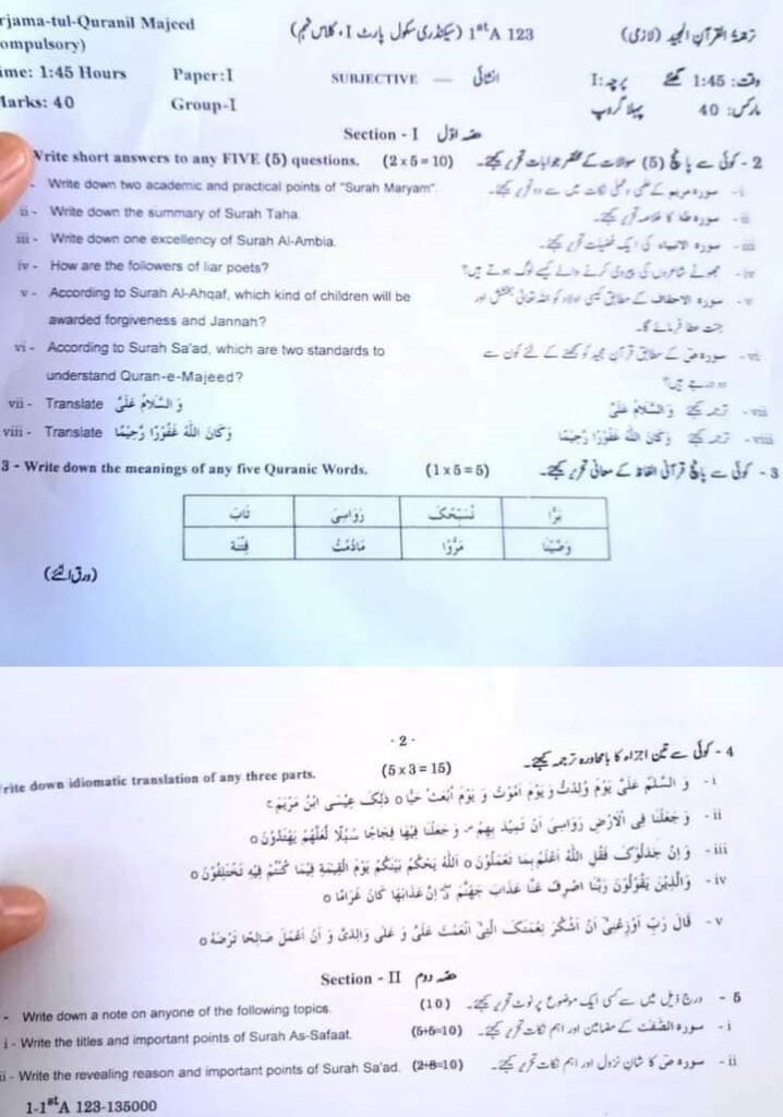 Tarjuma Tul Quran 9th Class Past Paper Gujranwala Board