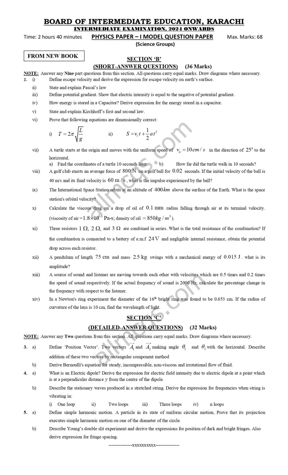 BIEK Model Papers 2024 1st Year Physics Sindh Board Karachi pdf