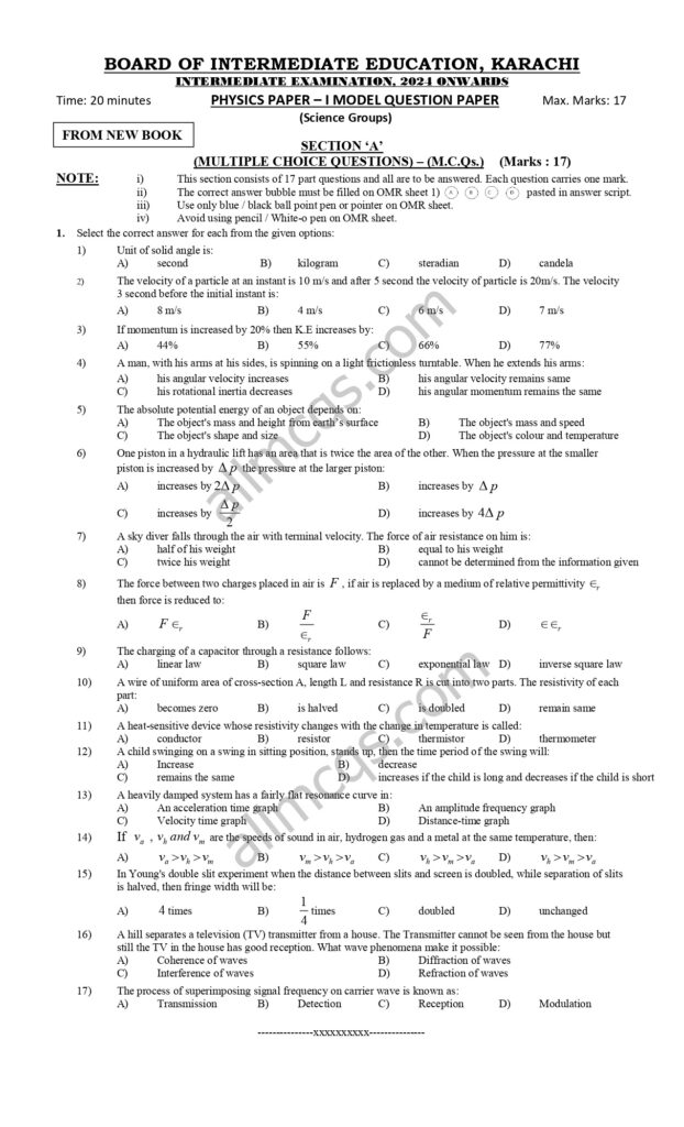 BIEK Model Papers 2024 1st Year Physics Sindh Board Karachi pdf