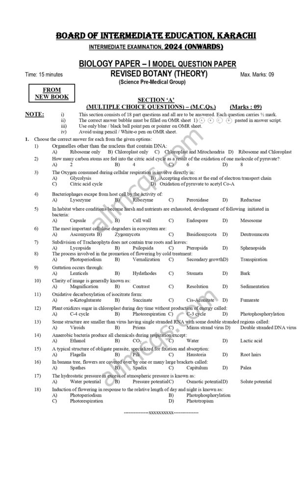 BIEK Model Papers 2024 1st Year 2nd Year Biology Botany Theory