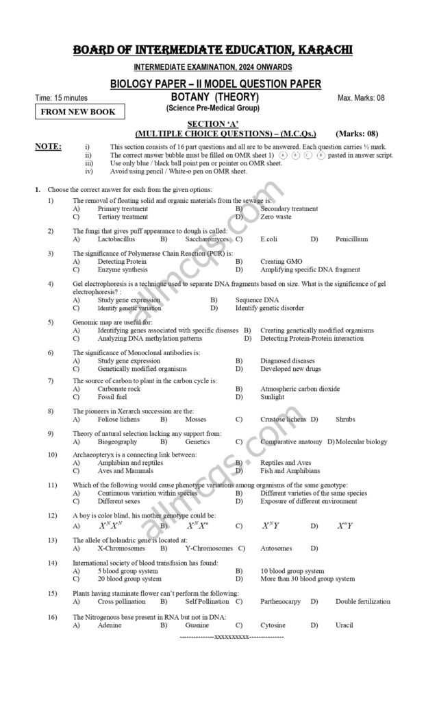 BIEK Model Papers 2024 1st Year 2nd Year Biology Botany Theory