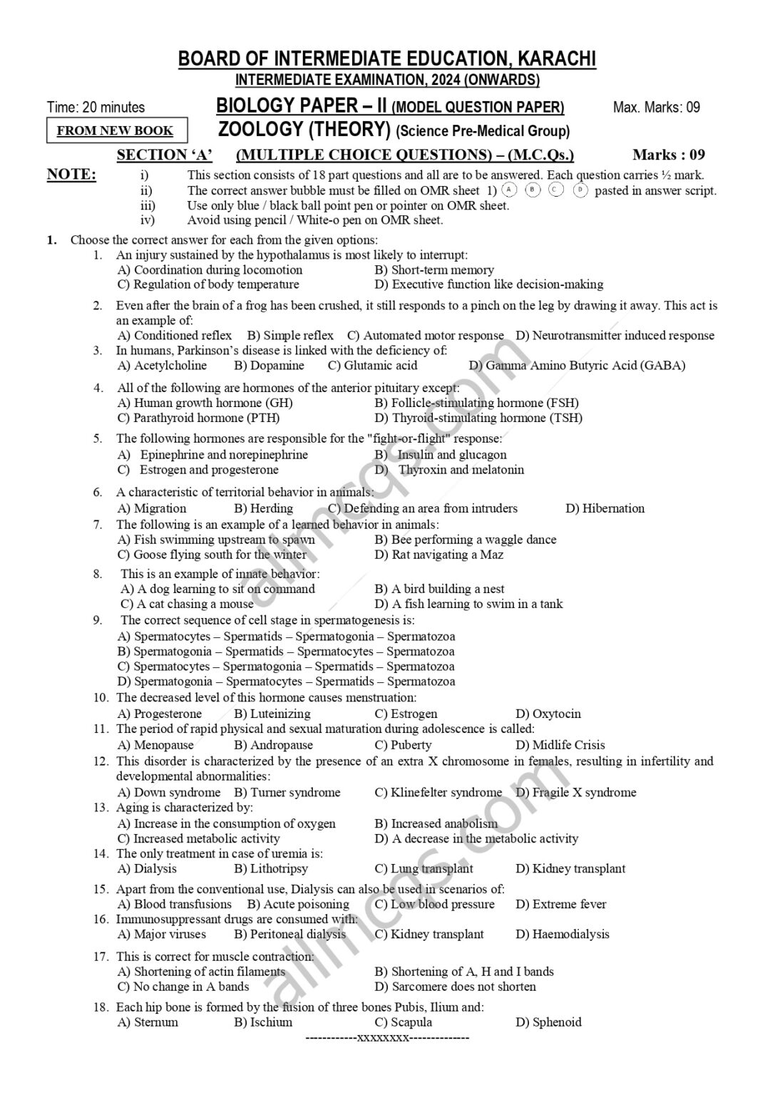 Biology Zoology Theory 2nd Year BIEK Sindh Board Karachi Model Papers 2024
